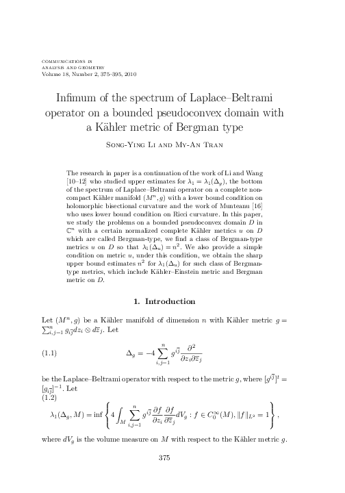 (PDF) Infimum of the spectrum of Laplace–Beltrami operator on a bounded pseudoconvex domain with ...