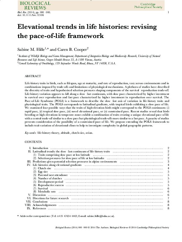 (PDF) Elevational trends in life histories: revising the pace-of-life ...