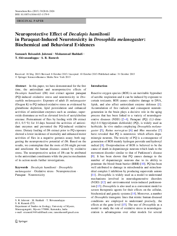 (PDF) Neuroprotective effect of Decalepis hamiltonii roots against ...