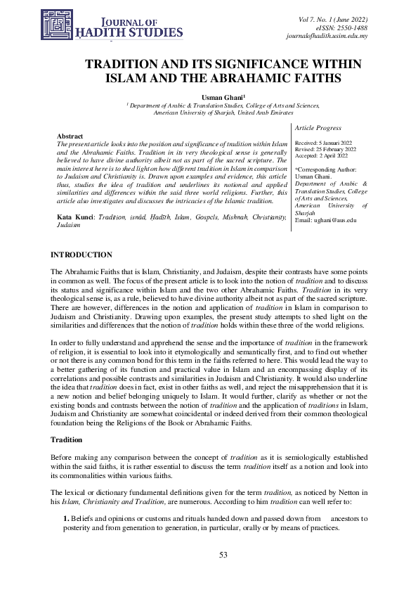 (PDF) Tradition And Its Significance Within Islam And The Abrahamic Faiths