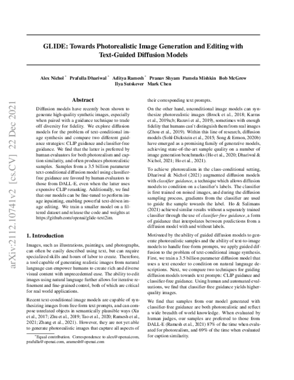 (PDF) GLIDE: Towards Photorealistic Image Generation and Editing with Text-Guided Diffusion Models