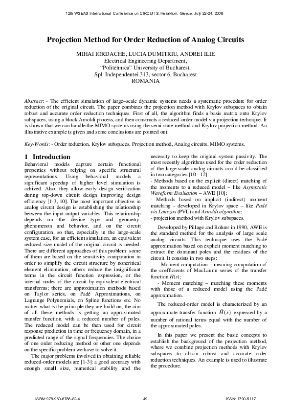(PDF) Projection method for order reduction of analog circuits