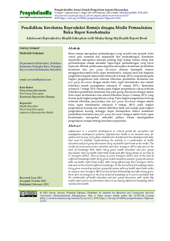 (PDF) Pendidikan Kesehatan Reproduksi Remaja dengan Media Pemanfaatan Buku Rapor Kesehatanku