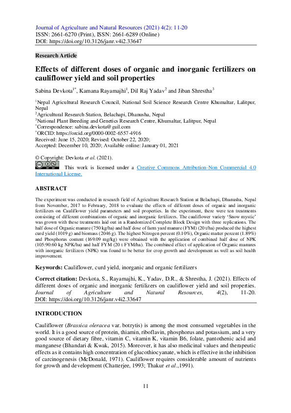 (PDF) Effects of different doses of organic and inorganic fertilizers on cauliflower yield and ...