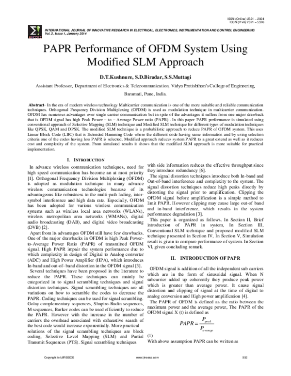 Pdf Papr Performance Of Ofdm System Using Modified Slm Approach