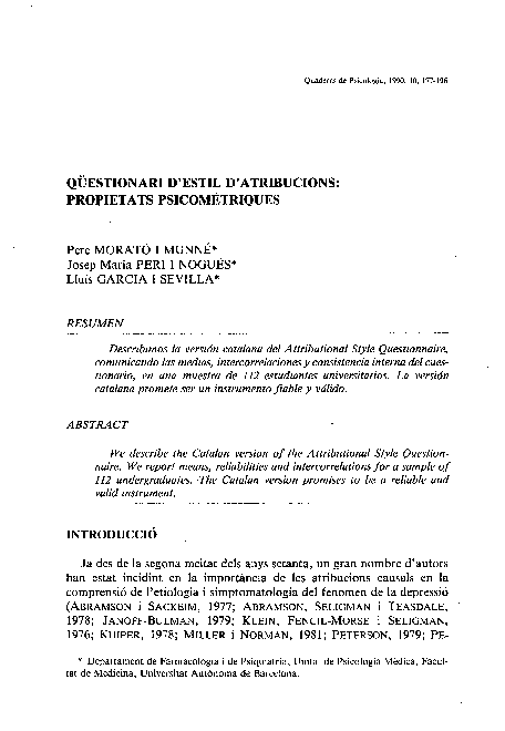 (PDF) Attributional Style Questionnaire: Psychometric Properties