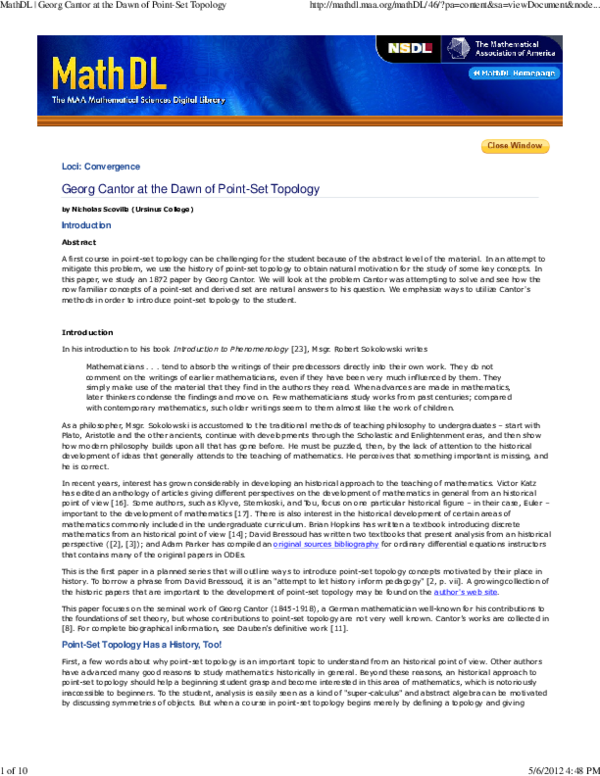 (PDF) MathDL | Georg Cantor at the Dawn of Point-Set Topology