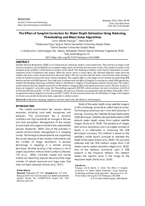 Pdf The Effect Of Sunglint Correction For Estimating Water Depth Using Rationing Thresholding