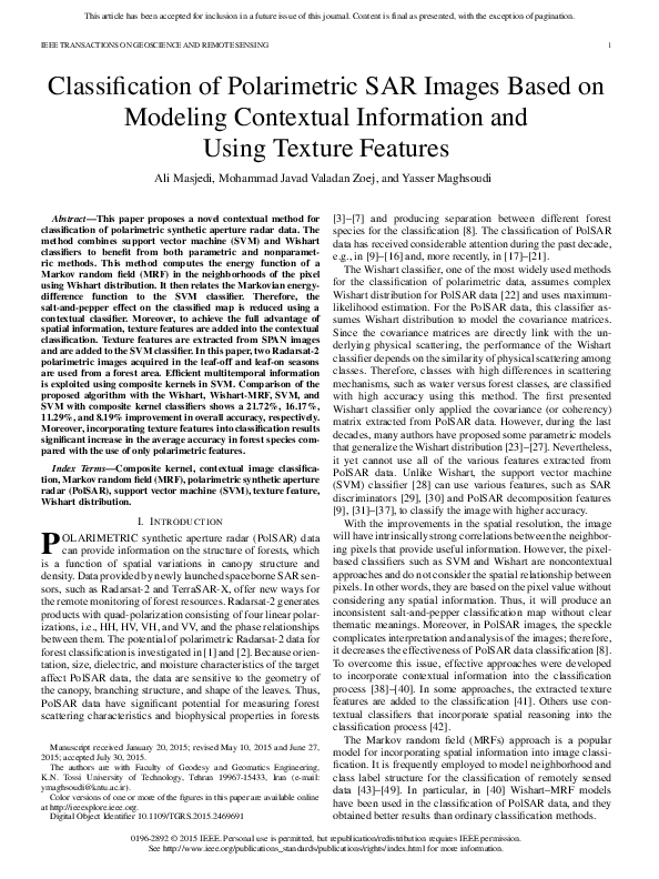 Pdf Classification Of Polarimetric Sar Images Based On Modeling