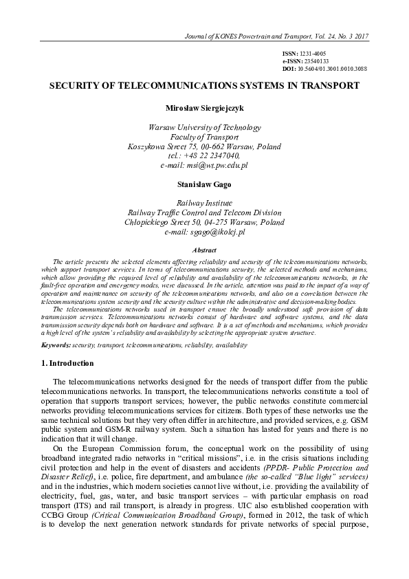 (PDF) Security of Telecommunications Systems in Transport