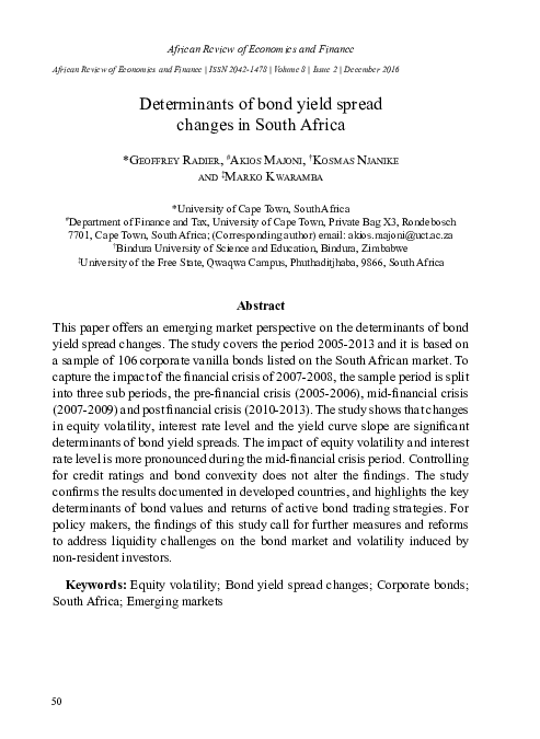 (PDF) Determinants of Bond Yield Spread Changes in South Africa