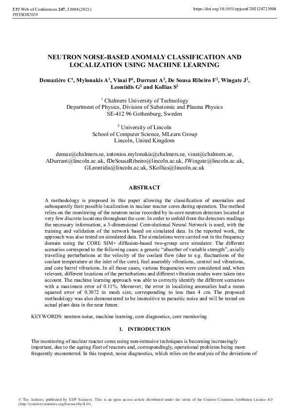 (PDF) Neutron Noise-Based Anomaly Classification and Localization Using Machine Learning