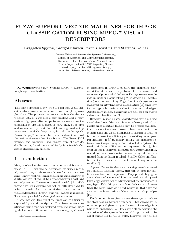 (PDF) Fuzzy support vector machines for image classification fusing MPEG-7 visual descriptors