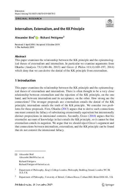 (PDF) Internalism, Externalism, and the KK Principle