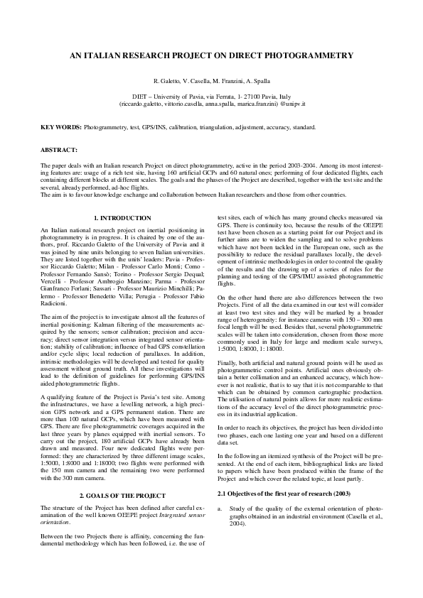(PDF) An Italian Research Project on Direct Photogrammetry