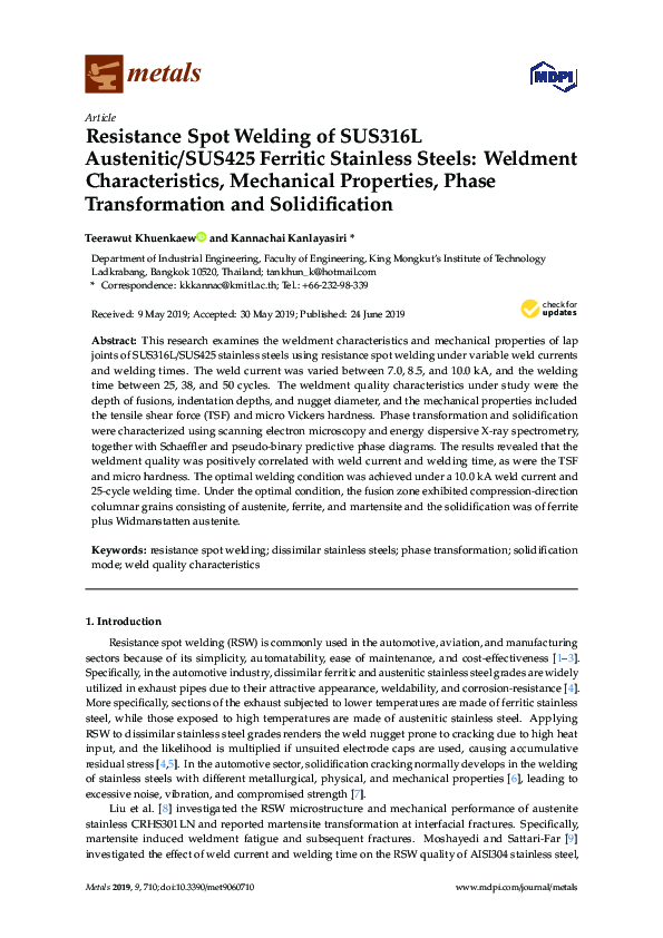 (PDF) Resistance Spot Welding of SUS316L Austenitic/SUS425 Ferritic Stainless Steels: Weldment ...