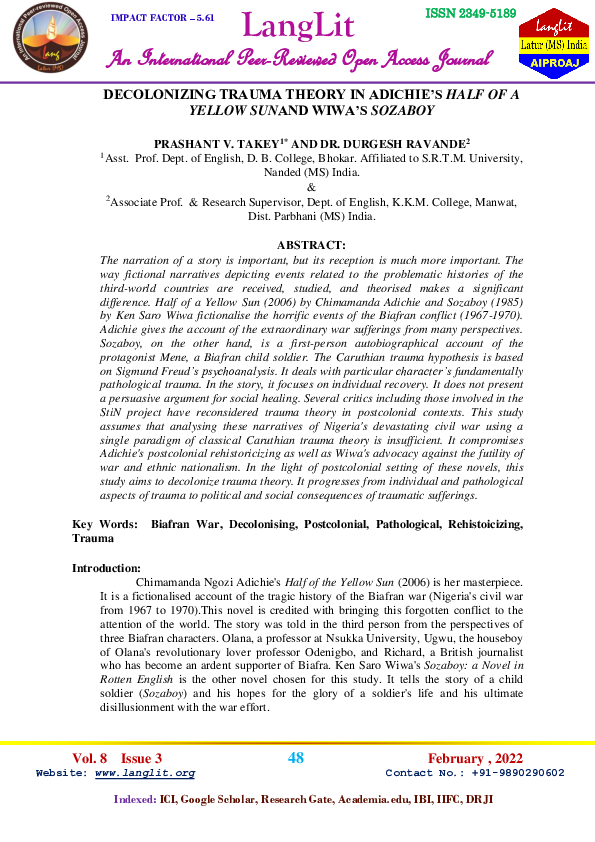 (PDF) DECOLONIZING TRAUMA THEORY IN ADICHIE'S HALF OF A YELLOW SUNAND ...