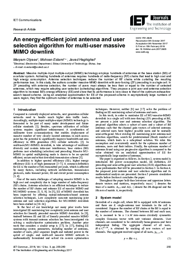 Pdf An Energy Efficient Joint Antenna And User Selection Algorithm