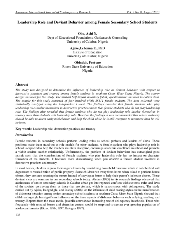 (PDF) Leadership Role and Deviant Behavior among Female Secondary ...