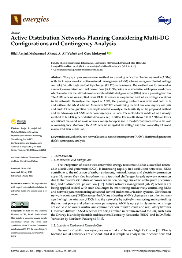 (PDF) Active Distribution Networks Planning Considering Multi-DG Configurations and Contingency ...