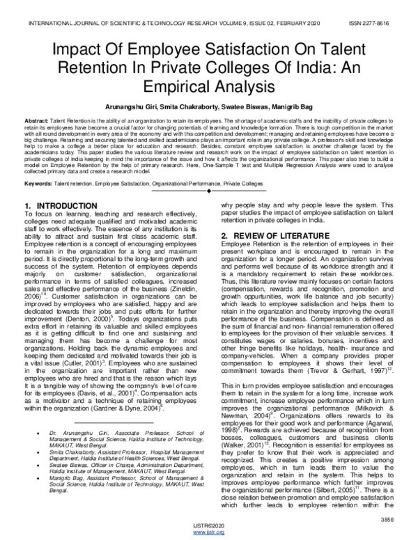(PDF) Impact Of Employee Satisfaction On Talent Retention In Private ...