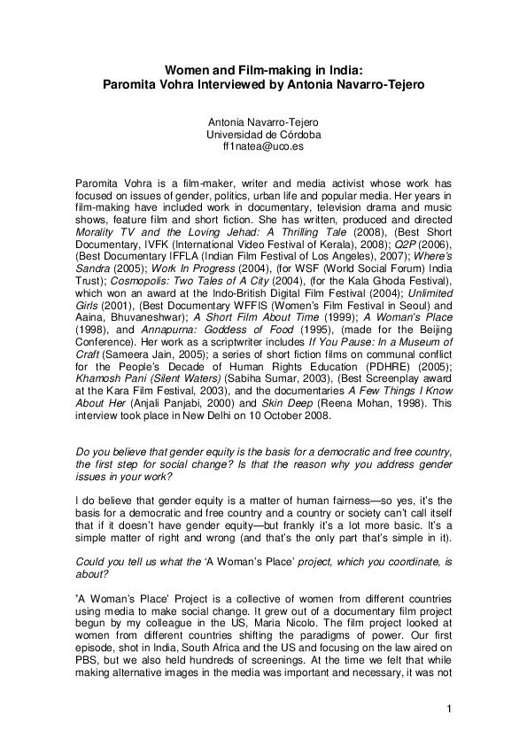 (PDF) Women and Film-making in India: Paromita Vohra