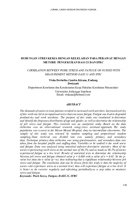 (PDF) Hubungan Stres Kerja Dengan Kelelahan Pada Perawat Dengan Metode Pengukuran DASS 21 Dan IFRC