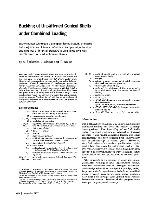 (PDF) Buckling of unstiffened conical shells under combined loading