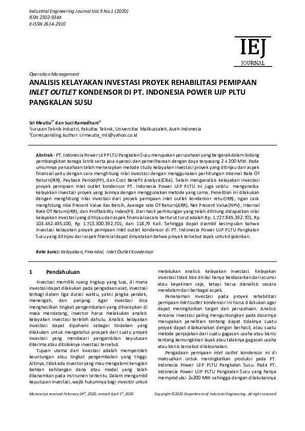 Analisis Kelayakan Investasi Proyek Rehabilitasi Pemipaan Inlet Outlet ...