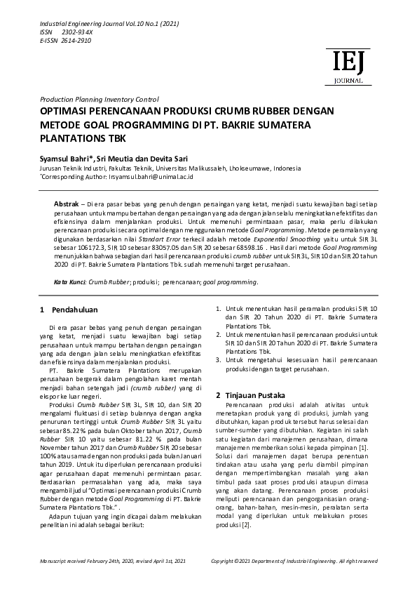 (PDF) Optimasi Perencanaan Produksi Crumb Rubber Dengan Metode Goal Programming DI Pt. Bakrie ...
