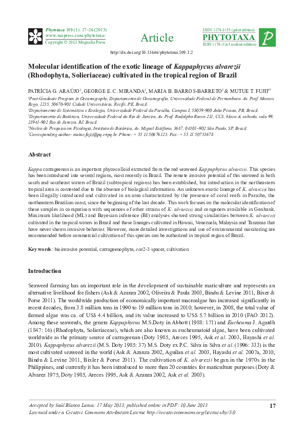(PDF) Molecular identification of the exotic lineage of Kappaphycus ...
