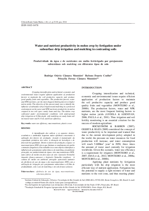 (PDF) Water and nutrient productivity in melon crop by fertigation under subsurface drip ...