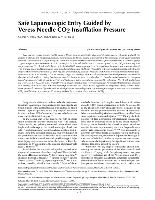 (PDF) Safe laparoscopic entry guided by veress needle CO2 insufflation ...