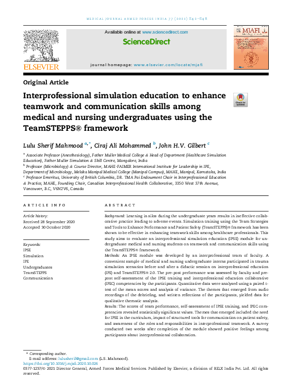 (PDF) Interprofessional simulation education to enhance teamwork and ...