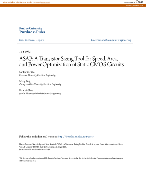 (PDF) ASAP: a transistor sizing tool for speed, area, and power optimization of static CMOS circuits