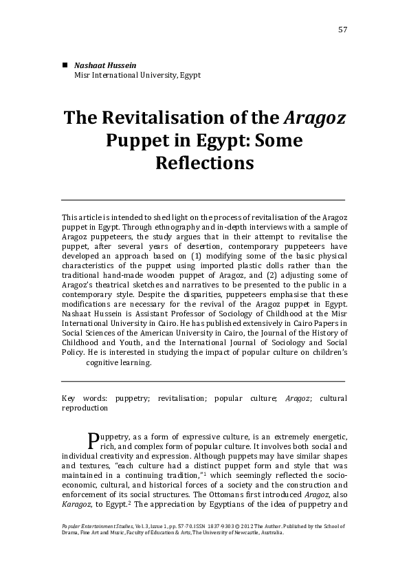 (PDF) The Revitalization of the Aragoz Puppet in Egypt: Some Reflections