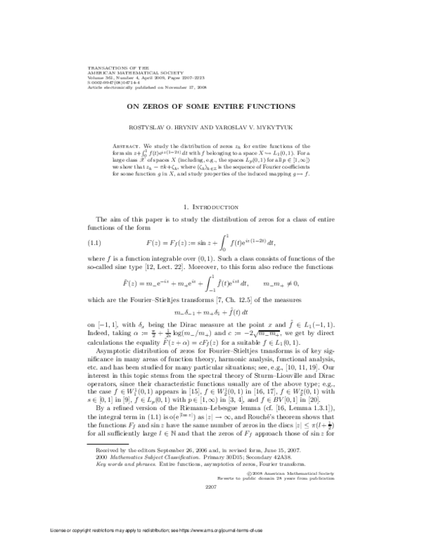 Pdf On Zeros Of Some Entire Functions Rostyslav O Hryniv