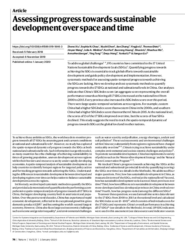 Pdf Assessing Progress Towards Sustainable Development Over Space And