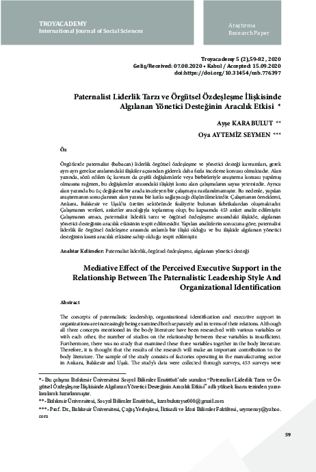 (PDF) Paternalist Liderlik Tarzı ve Örgütsel Özdeşleşme İlişkisinde ...