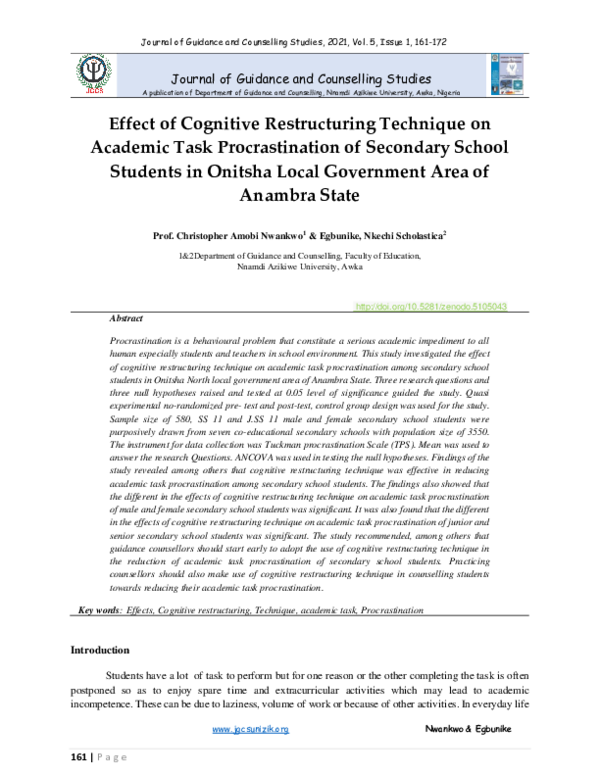 (PDF) Effect of Cognitive Restructuring Technique on Academic Task Procrastination of Secondary ...