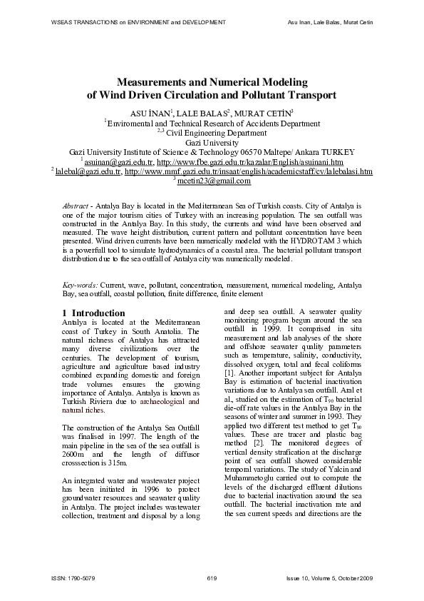 (PDF) Measurements and Numerical Modeling of Wind Driven Circulation and Pollutant Transport