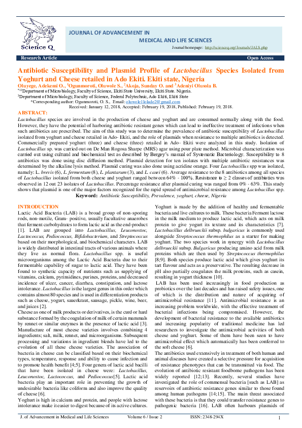 (PDF) Antibiotic Susceptibility And Plasmid Profile Of Lactobacillus ...