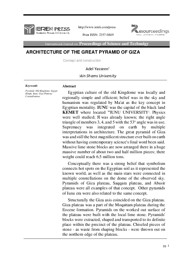 (PDF) Architecture of the Great Pyramid of Giza Concept and Construction