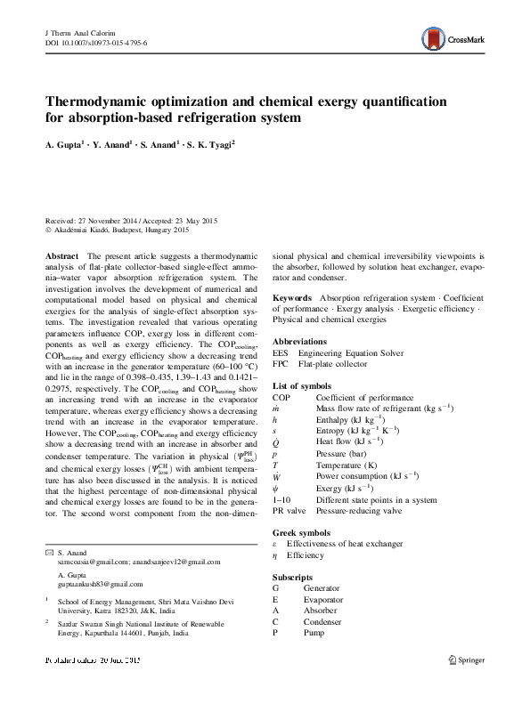 Pdf Thermodynamic Optimization And Chemical Exergy Quantification For Absorption Based