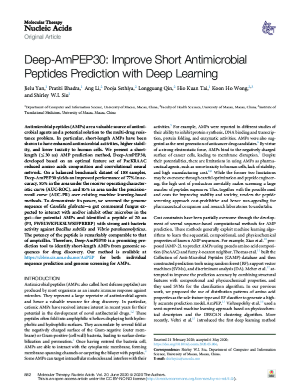 (PDF) Deep-AmPEP30: Improve Short Antimicrobial Peptides Prediction with Deep Learning
