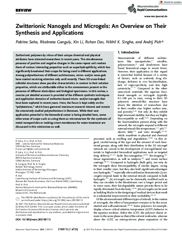 Pdf Zwitterionic Nanogels And Microgels An Overview On Their Synthesis And Applications