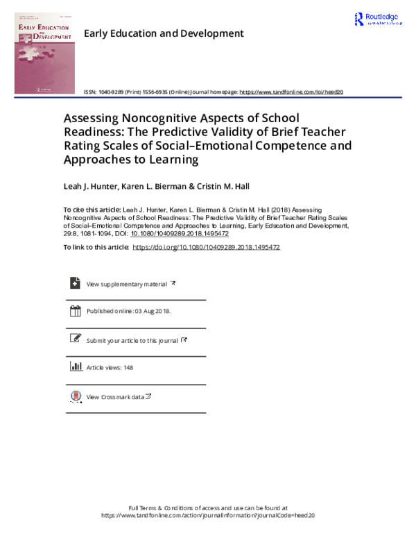 (PDF) Assessing Noncognitive Aspects of School Readiness: The ...