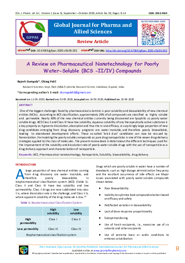 (PDF) A Review on Pharmaceutical Nanotechnology for Poorly Water-Soluble (BCS -II/IV) Compounds