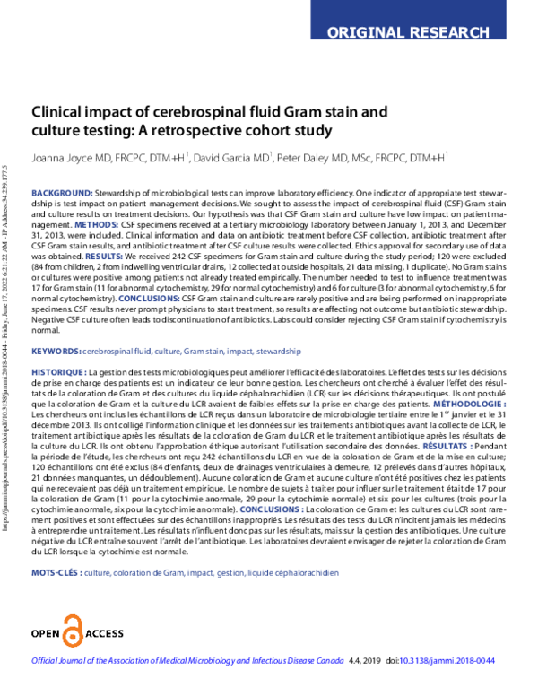 (PDF) Clinical impact of cerebrospinal fluid gram stain and culture ...