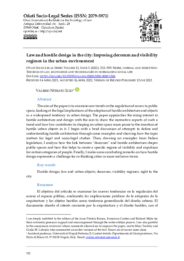 (PDF) Law and hostile design in the city: Imposing decorum and ...